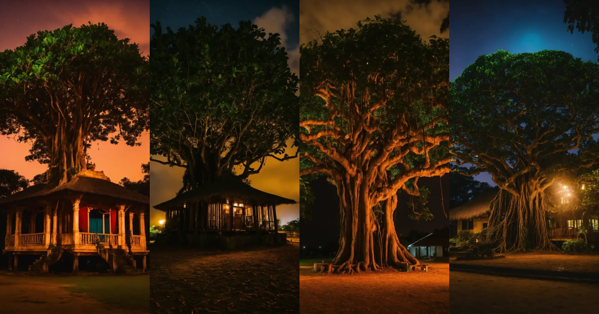Lexica - Scary banyan tree in front of scary bungalow in night