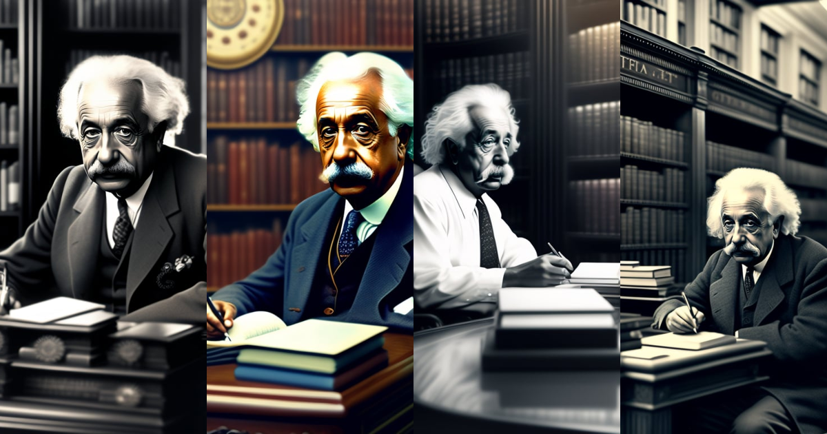 Lexica - Albert einstein in a library typing on a mechanical octopus