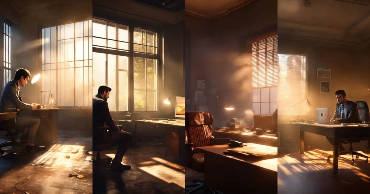 Lexica - Detective is tired and bored, striped light through the window, fogged office, unreal ...