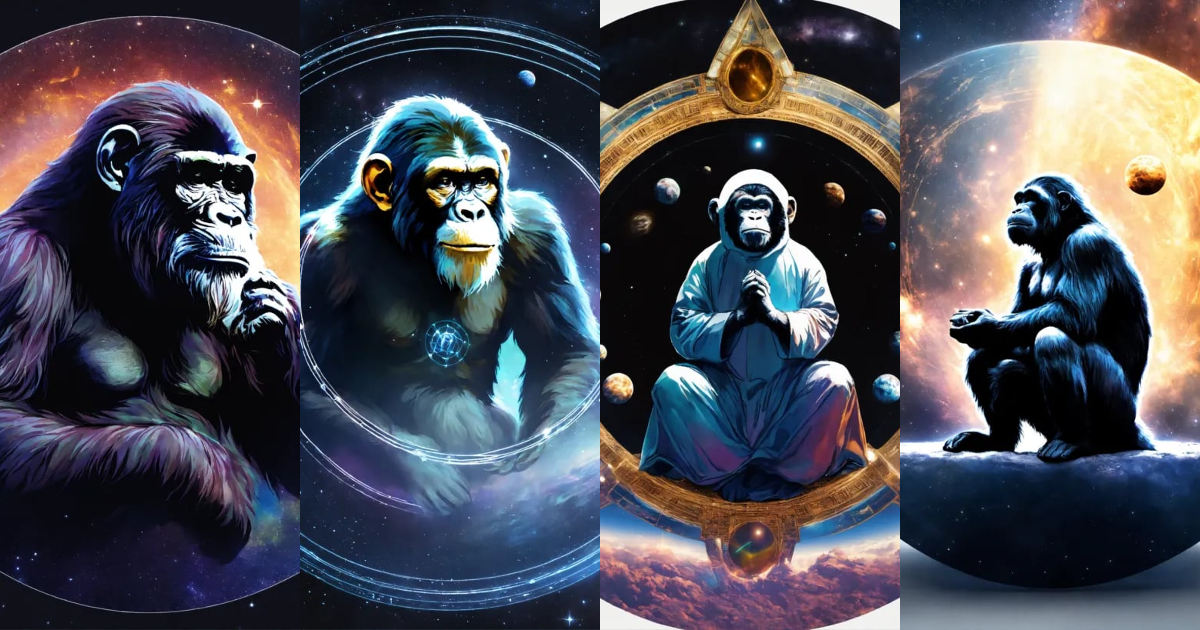 Lexica - Apes praying to a human god in space, in circle image ...