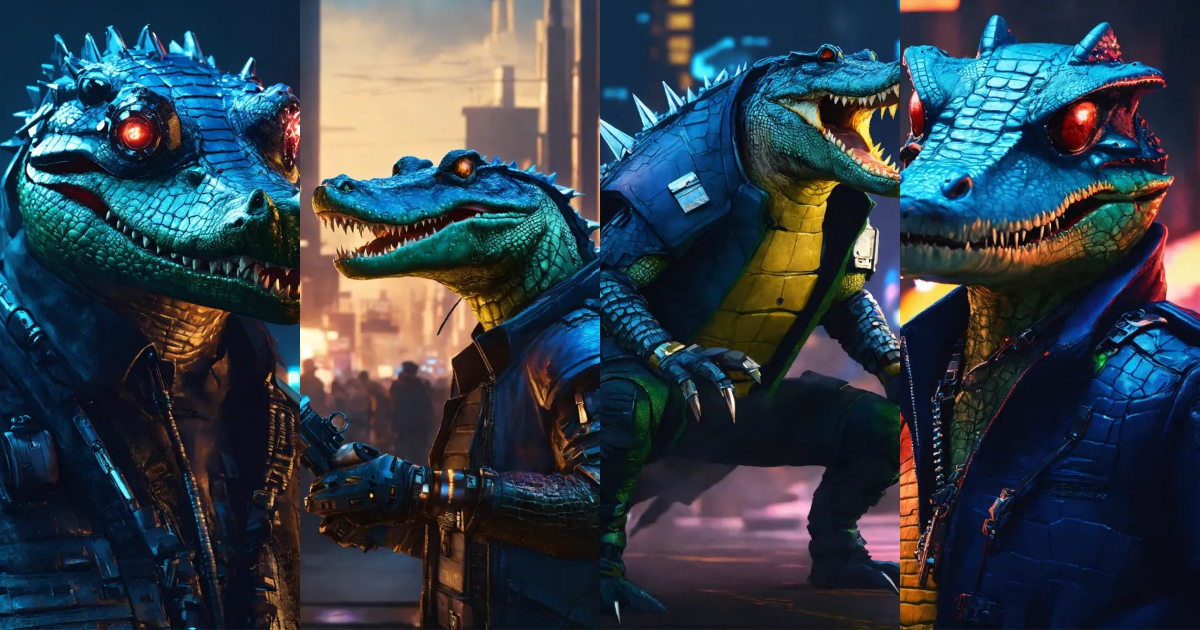 Lexica - A cyberpunk crocodile, 4k, badass, final boss blue