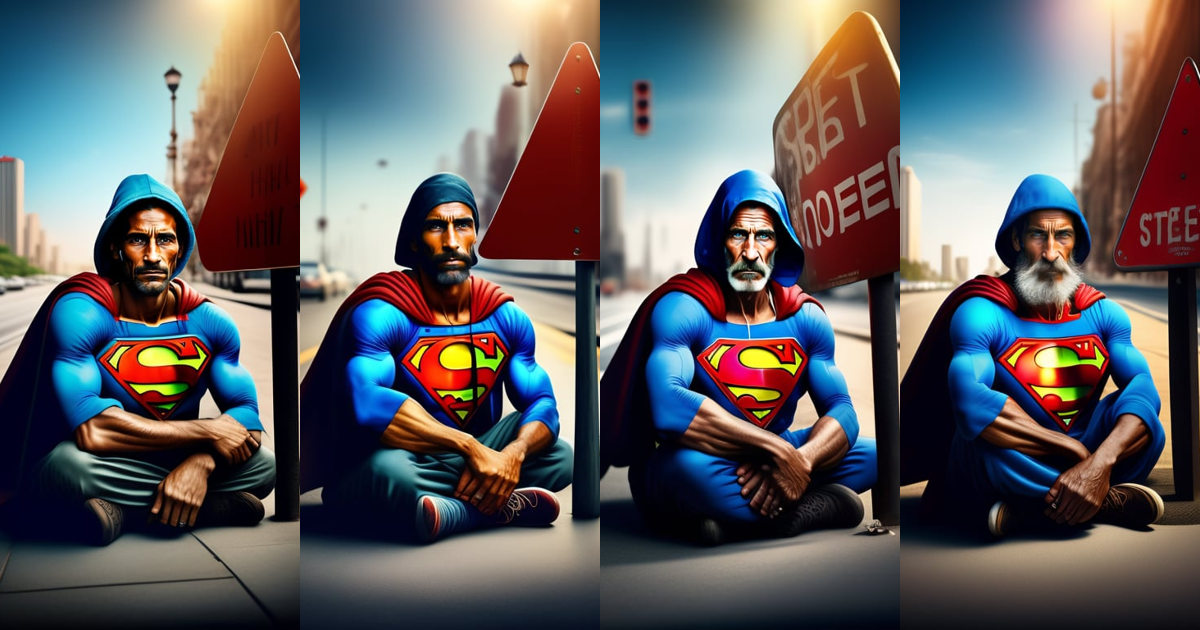 Lexica - Poor beggar. homeless on the street. cardboard sign. superman