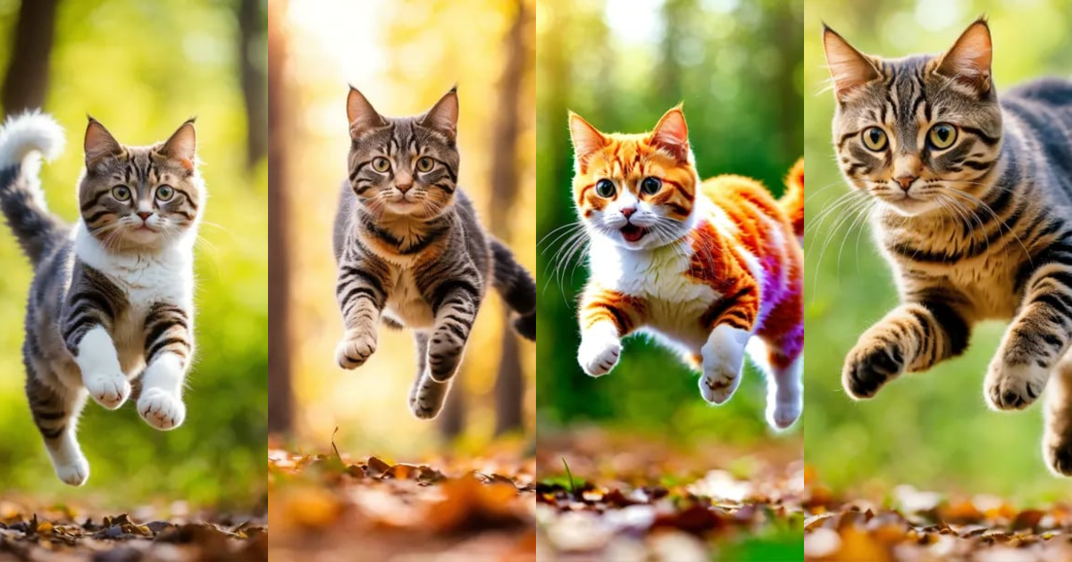 Lexica - Cute jumping cat with four legs, in the behind defocus forest