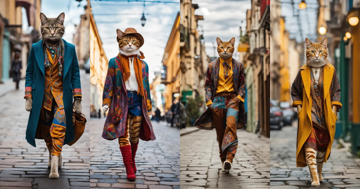 Lexica - A modern cat model walking on two legs, sporting bohemian chic ...