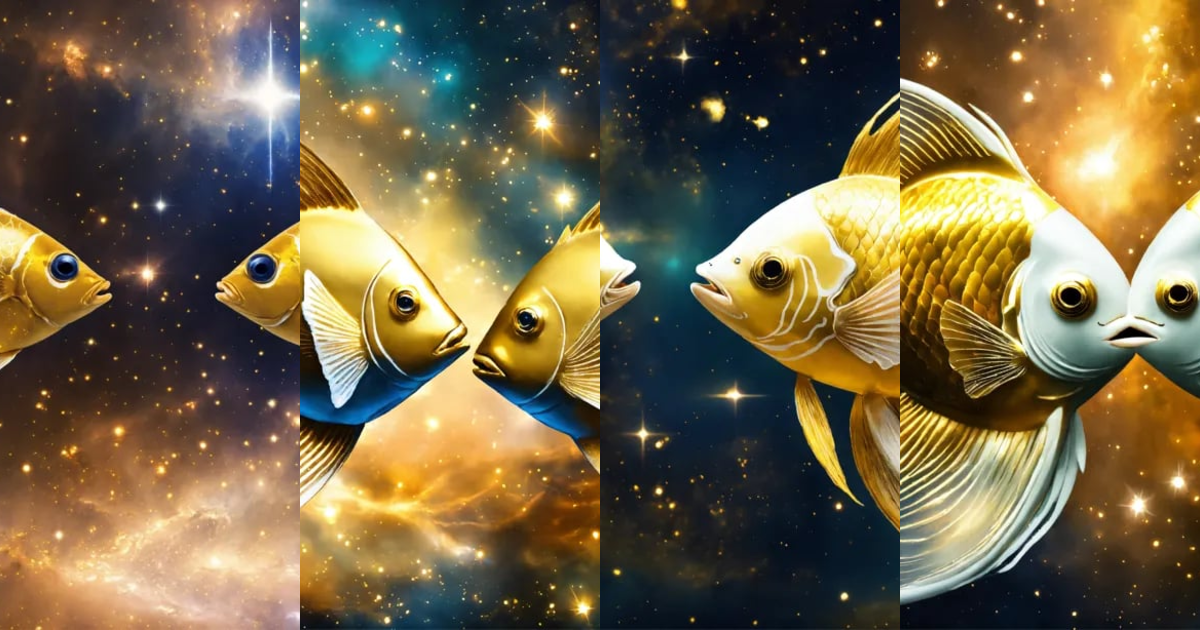 Lexica - Two gold and white fantasy fish opposite each other, zodiac ...