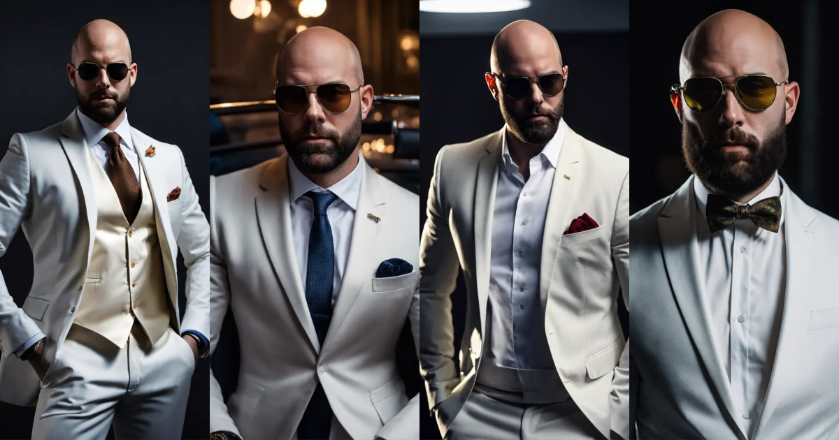 Lexica - Image of bald Andrew tate, short beard ,in a white suit, with ...