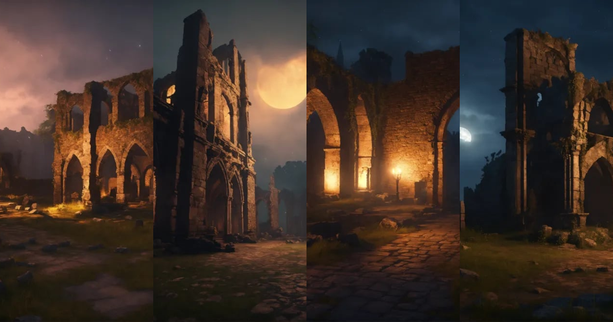 Lexica - Realistic, medieval ruins, night, eerie place, cinematic lighting