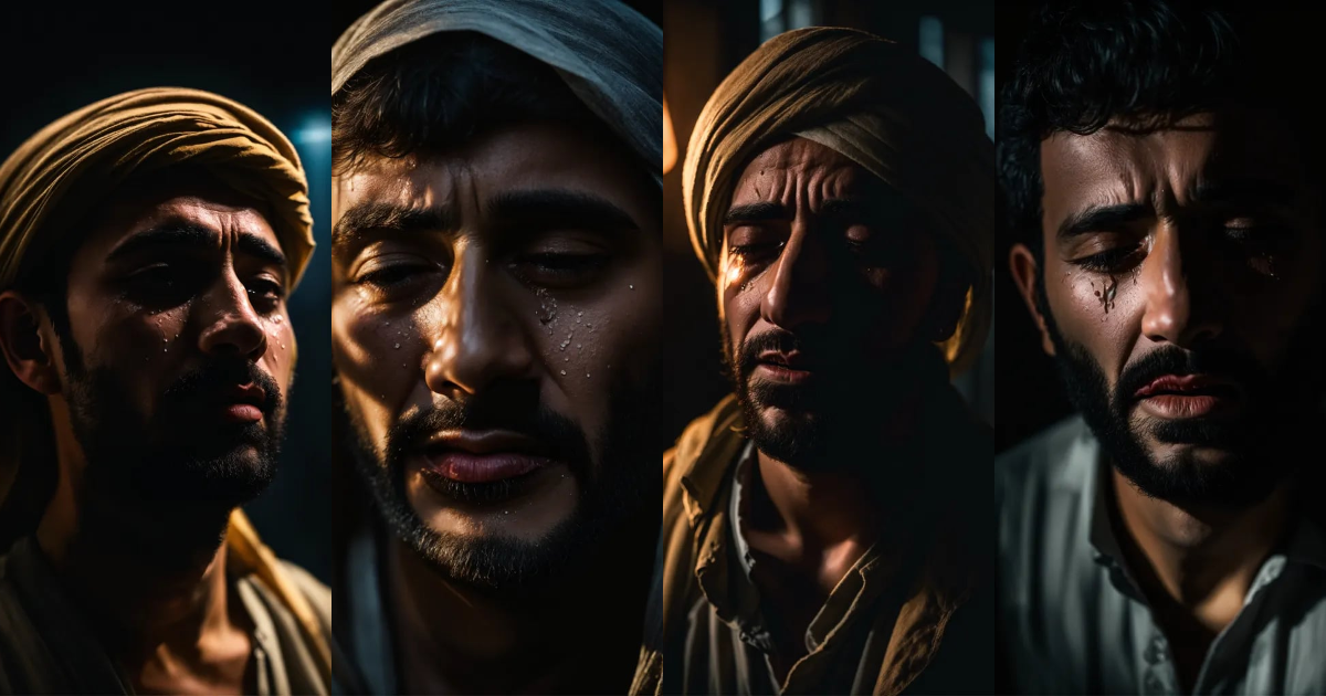 Lexica - Middle eastern man crying in darkness, a ray of light shining ...