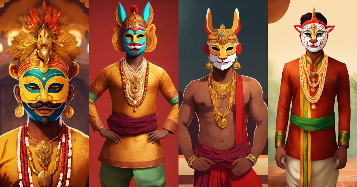 Lexica - A guy in Tamil traditional attire wearing an animal mask ...