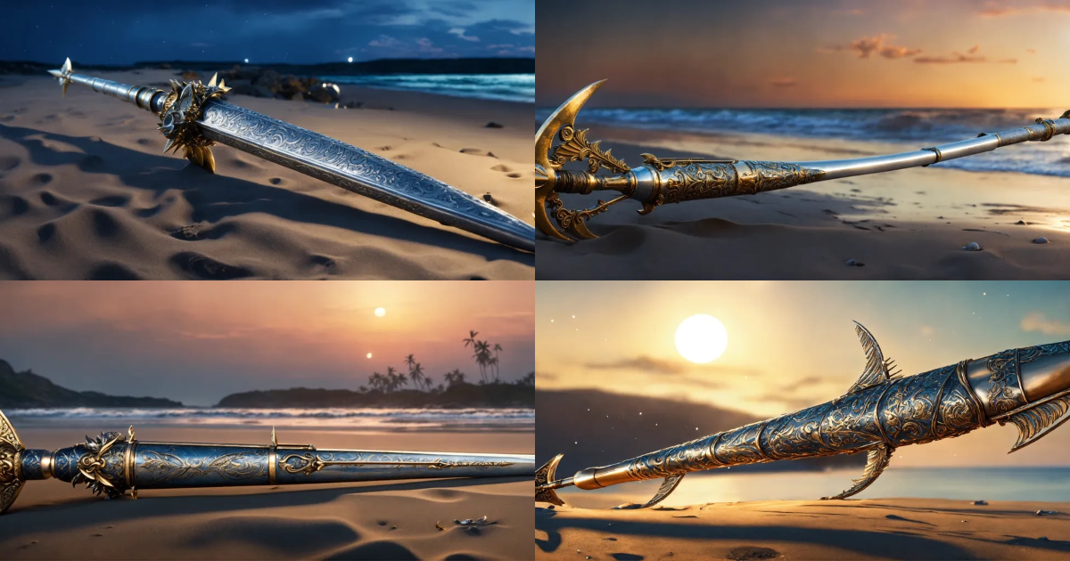 Lexica - 8k, picture of a very long gezackte harpoon with barbs made of ...