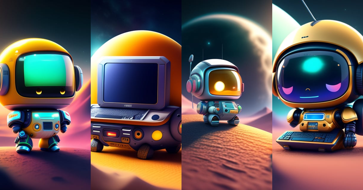 Lexica - A small hyper-cute chibi robot, working on his laptop computer ...