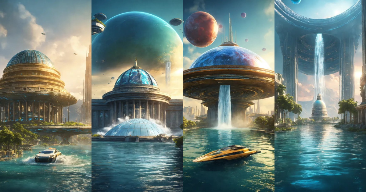 Lexica - Alien water planet, waterfalls, futuristic city landscape ...