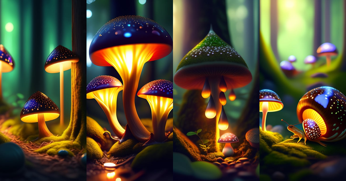 Lexica - At night, toadstools glow in the forest and snails crawl, made by stanley artgerm lau ...