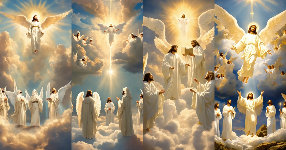 Lexica - Angels in white robes on the clouds looking at jesus