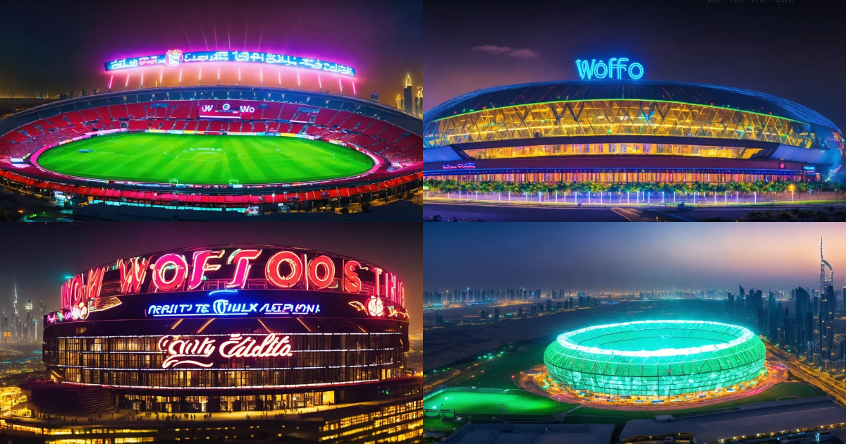 Lexica - Ball shaped stadium name WOFO with ball logo WOFO neon lights ...