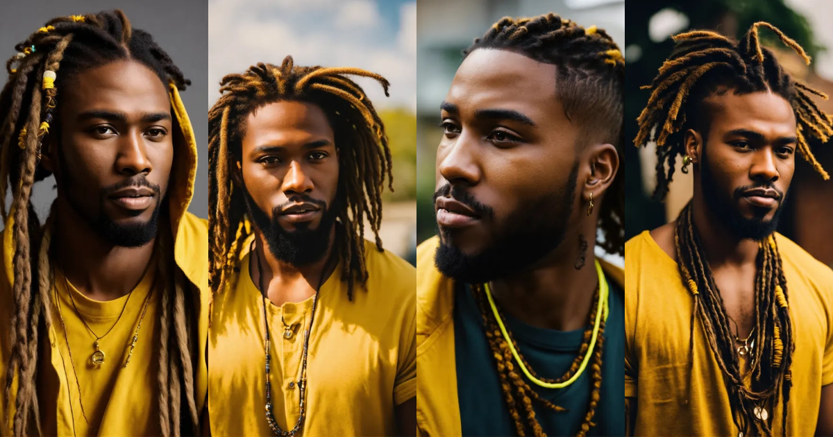 Lexica - Black man,sandy caramel skin, mid-cut brown and yellow dread locs