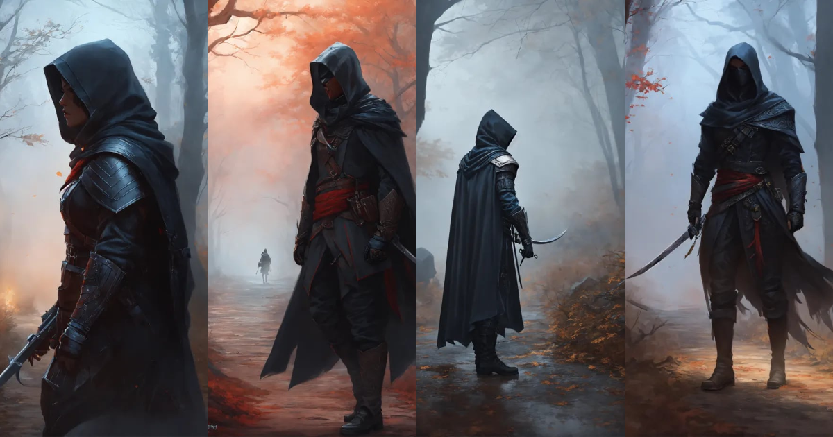 Lexica - Vivid Painting, sideview of an assassin with black combat cowl ...