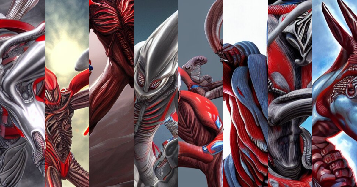Lexica - Ultraman is digging on Xenomorph's back, digital art,high ...