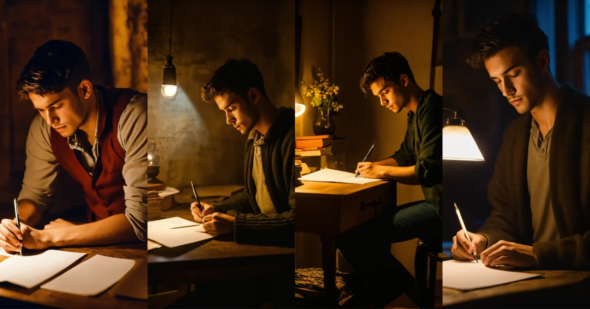 Lexica - A young man of man in a dark room writing a letter
