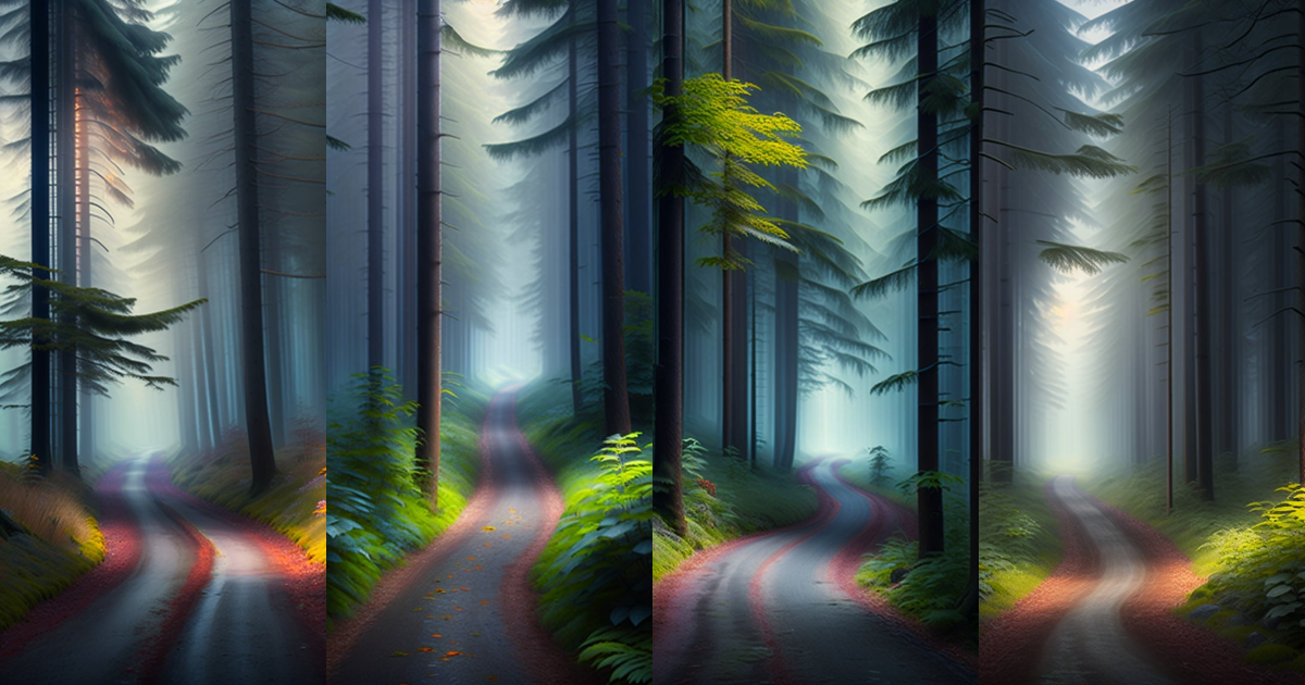 Lexica - Misty abandoned woodland, horror atmosphere overgrown pathways.