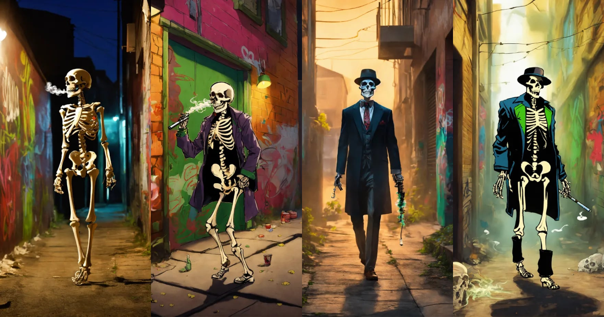 Lexica - A skeleton walking down an alley with graffiti on the wall ...