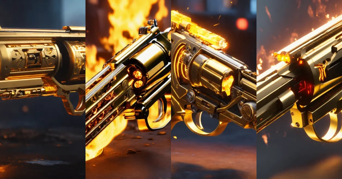 Lexica - Golden revolver, FIRE ELEMENTAL, cyberpunk design, 32K, UNREAL ...