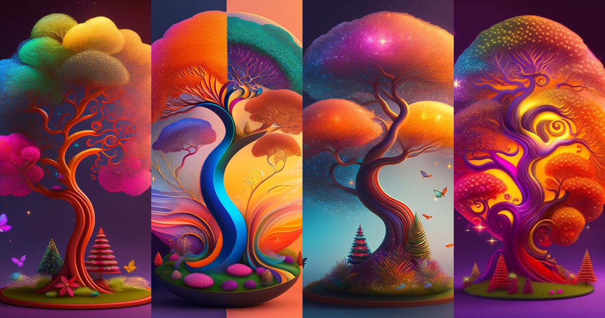 Lexica - Stylized tree, delicate branches, vivid leaves, fantasy ...