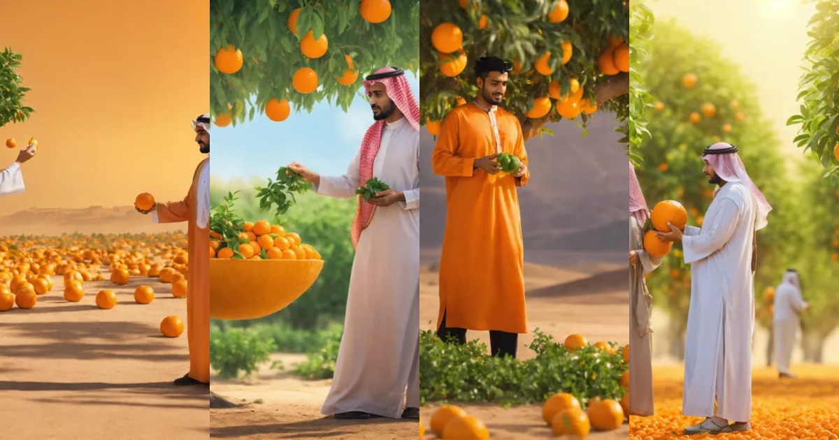 Lexica - Saudi woman and Saudi man collecting orange from tree ...