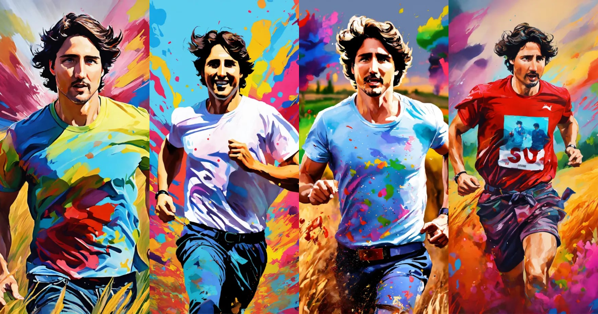 Lexica - A painting of 'Justin Trudeau' running with t-shirt in a field ...