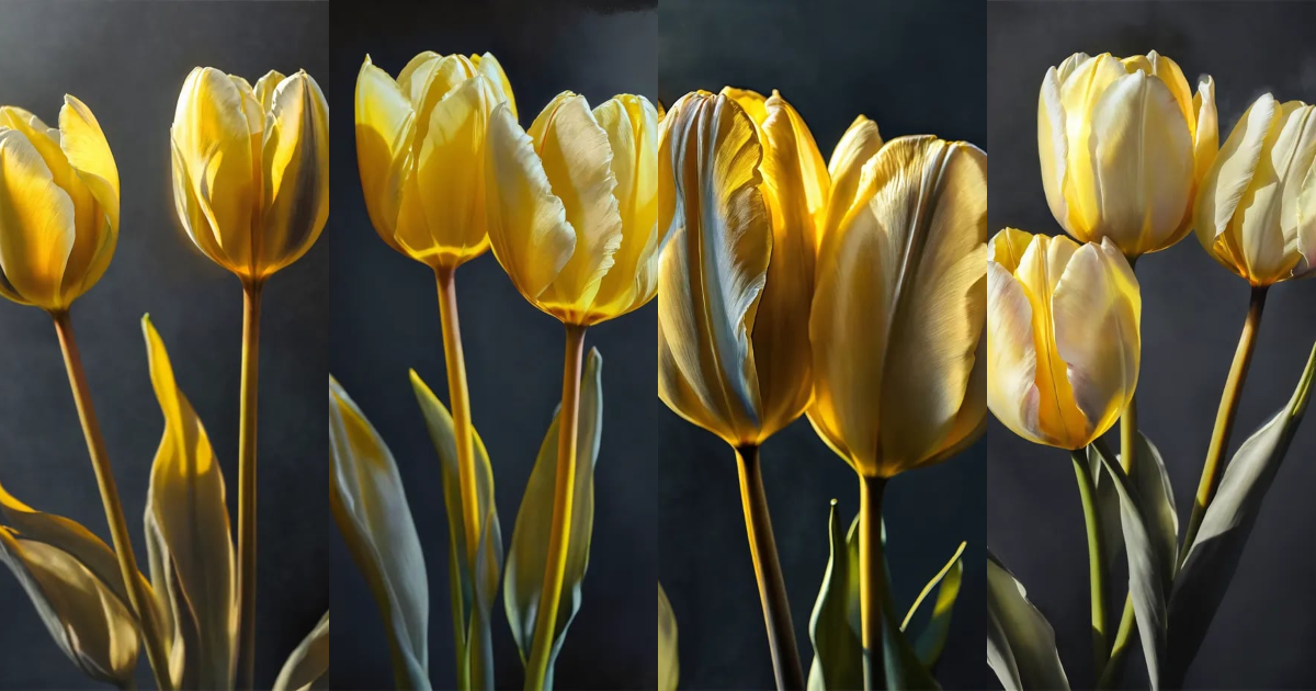 Lexica - Beautiful realistic light two tulip pastel yellow on a dark ...