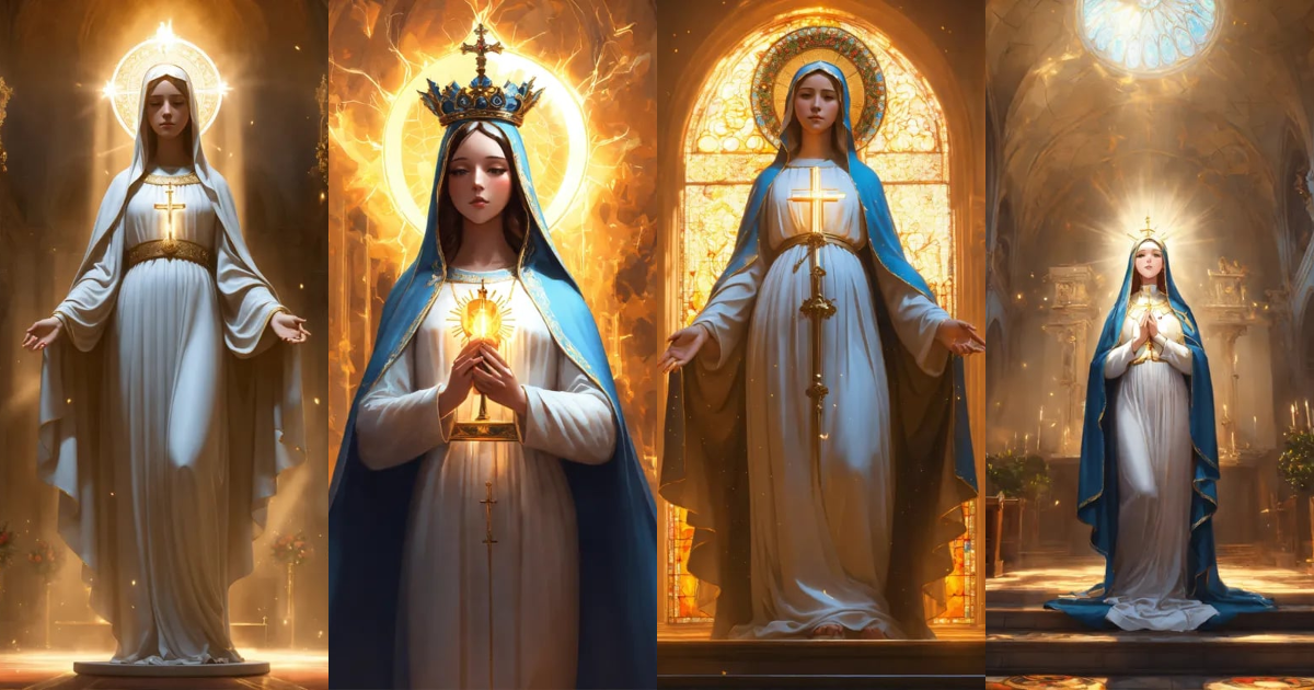 Lexica - Full body photo of our lady Virgin Mary in a church with a ...