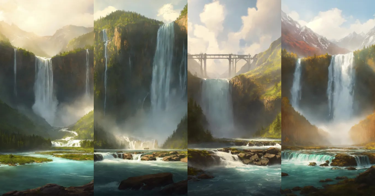Lexica - Concept art of a huge waterfall leading into a wide river ...