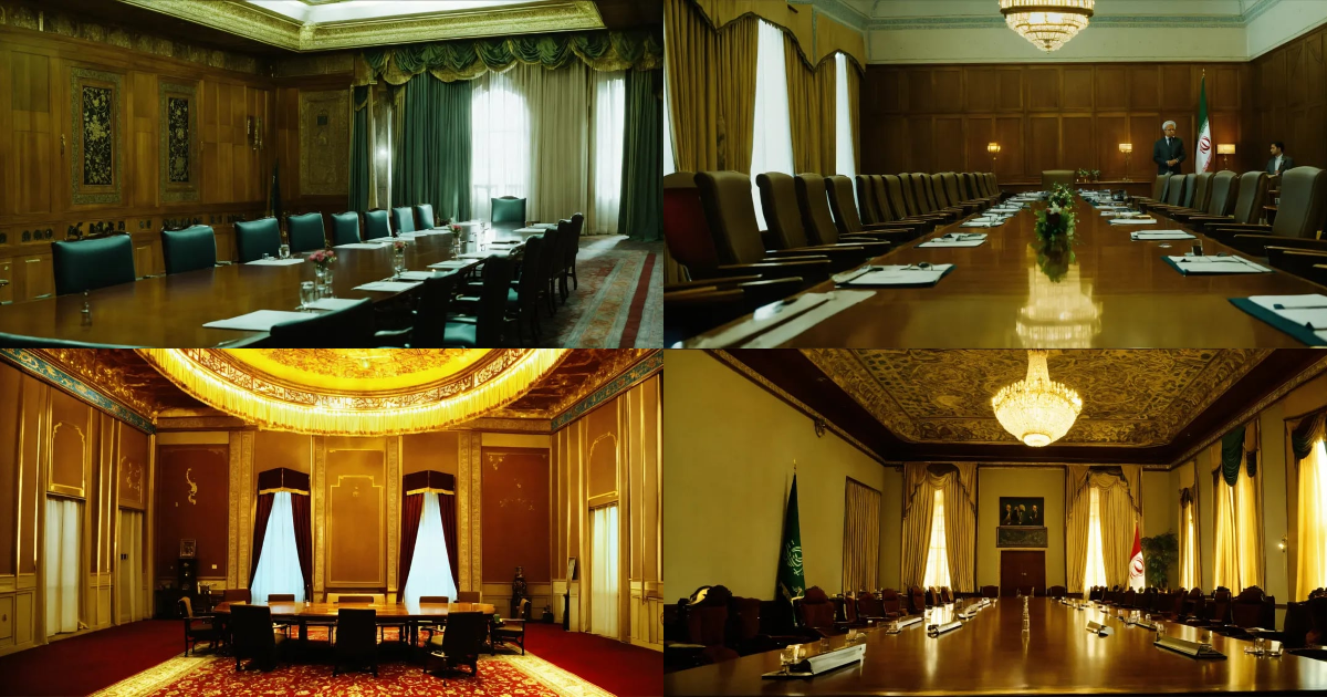 Lexica - 2. Empty boardroom in Iranian government. Long table with ...