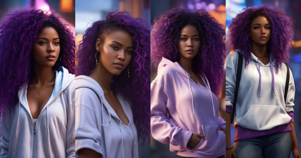 Lexica - Pretty Black woman, long messy curly purple hair, wearing ...