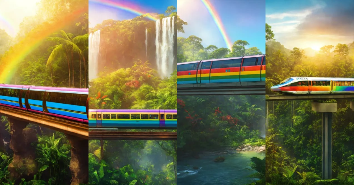 Lexica - Rainbow monorail running through the jungle, 8k , masterpiece