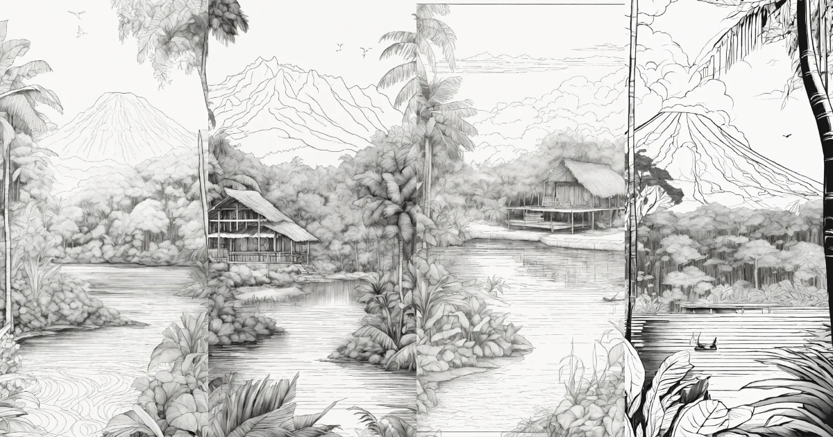 Lexica - B/w outline for coloring book page, amazonia landscape, sketch ...