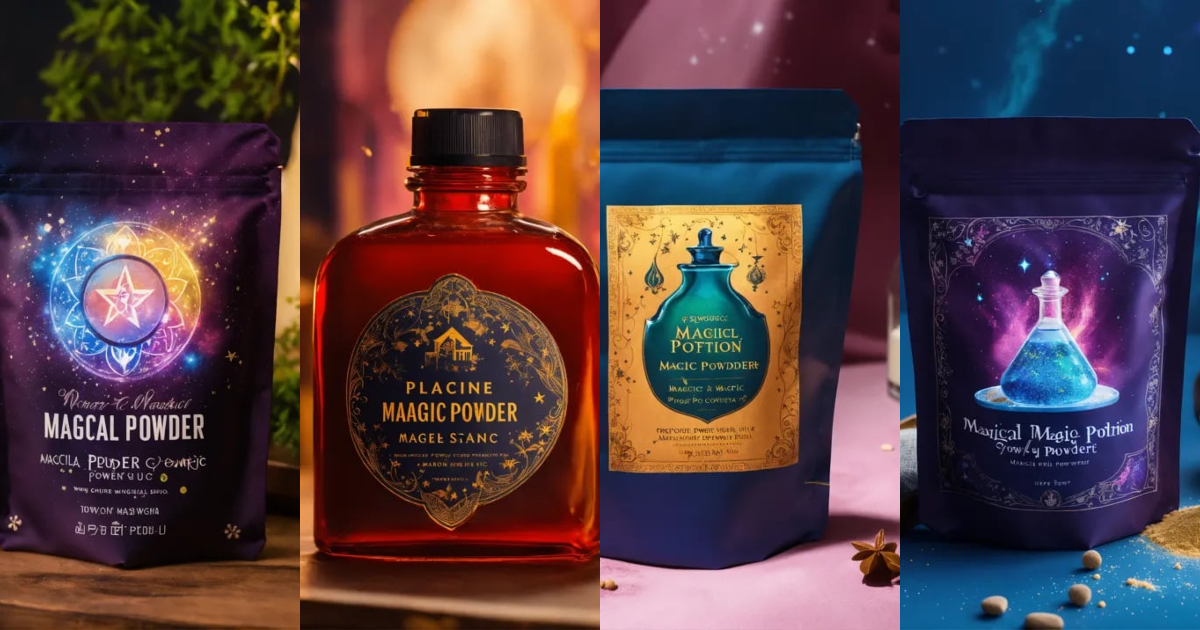 Lexica - Front angle product shot of a magical powder potion stand up ...