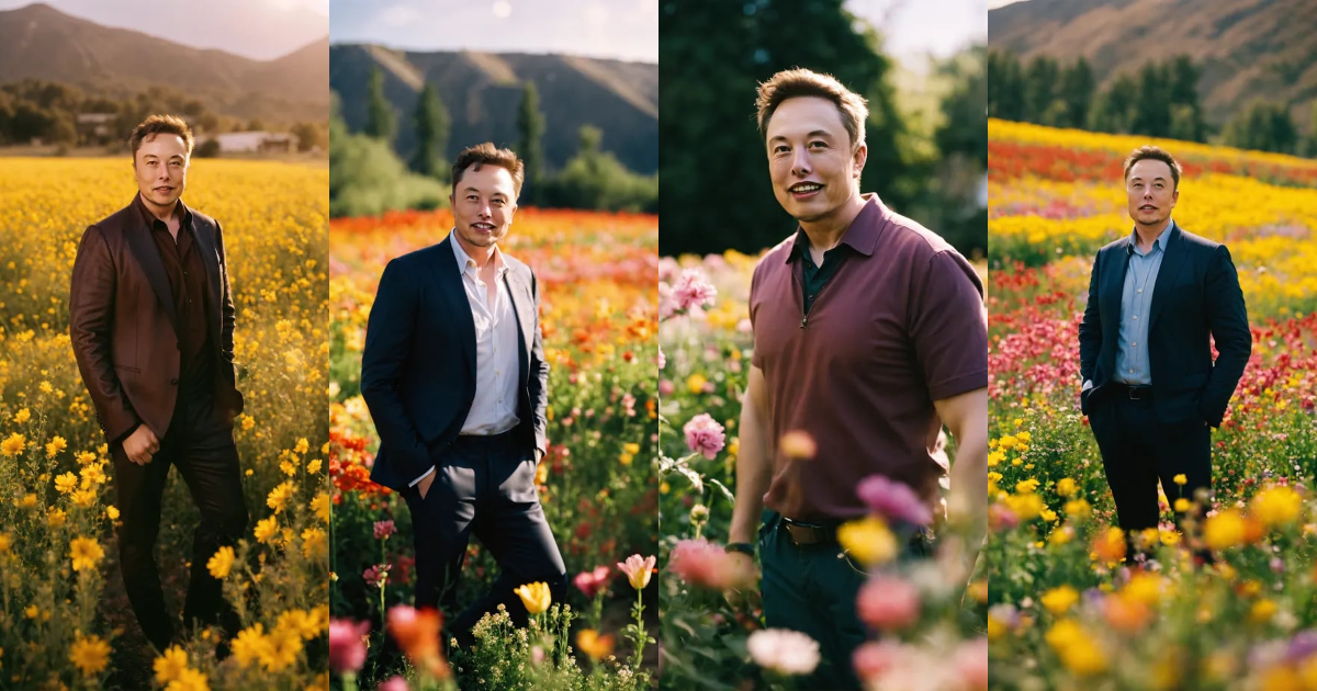 Lexica - Happy Elon Musk standing in a beautiful field of flowers ...
