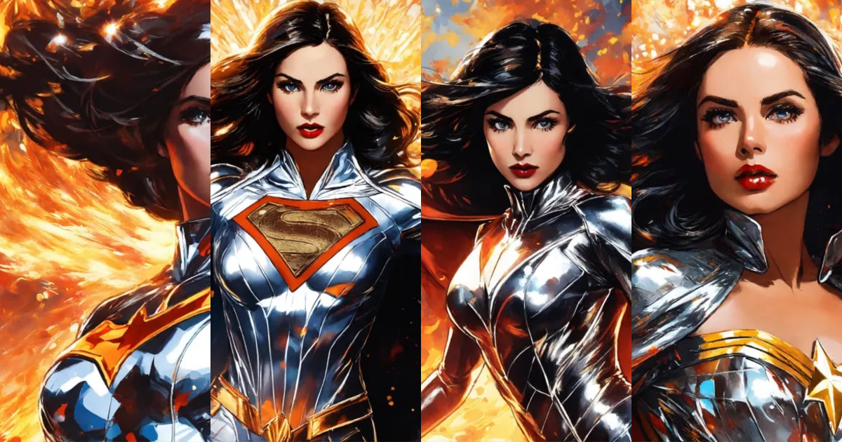 Lexica - Beautiful caped brunette female superhero, action pose, fiery ...