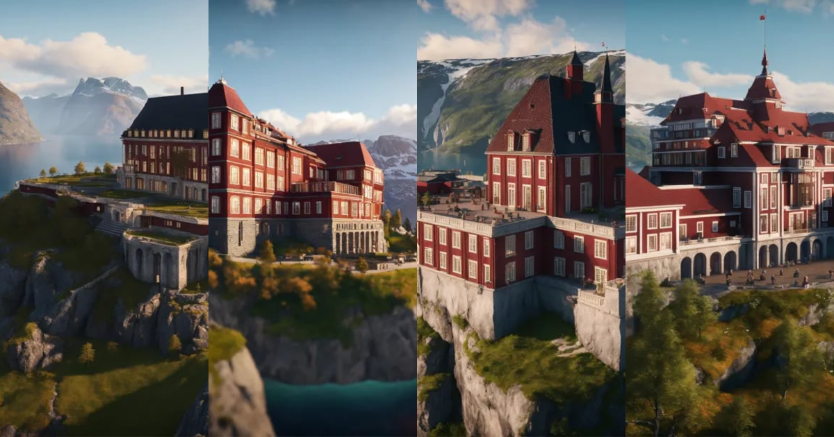 Lexica - Full image of a massive maroon Norwegian palace on a cliff overlooking a Fjord in ...