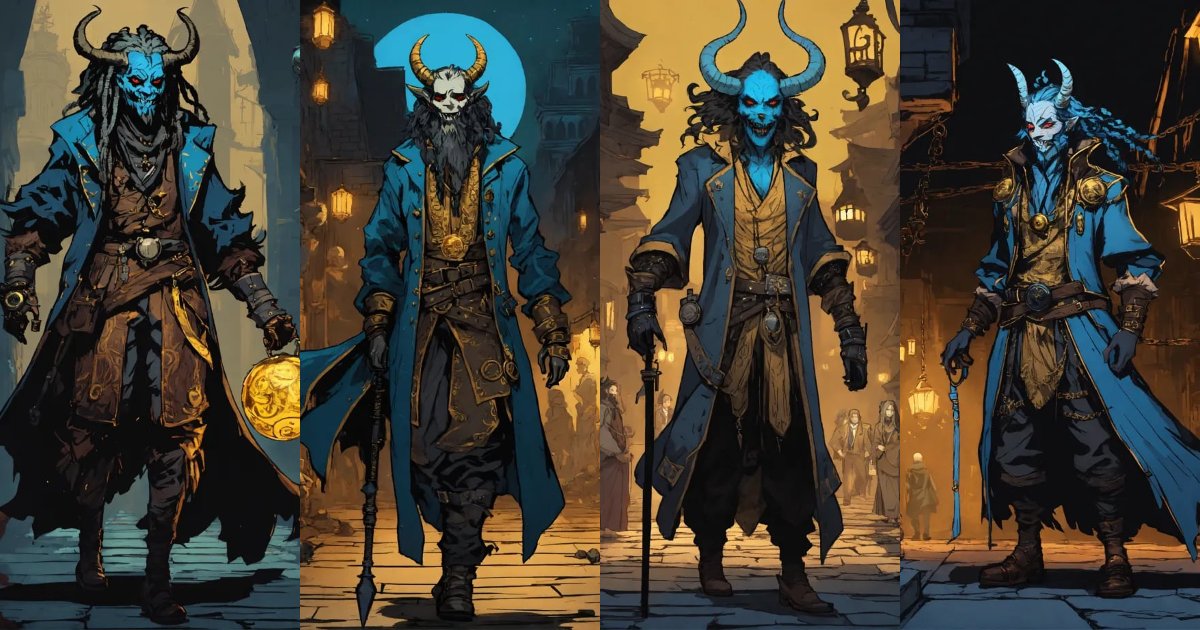 Lexica - A well dressed demon with a pale face, followed by hundreads of floating blue orbs ...