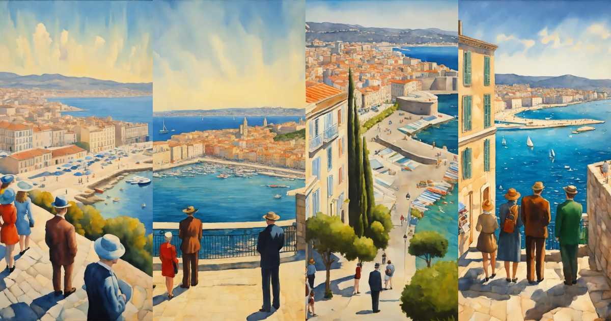 Lexica - Op view of Marseille town by the sea with tourists, ocean ...
