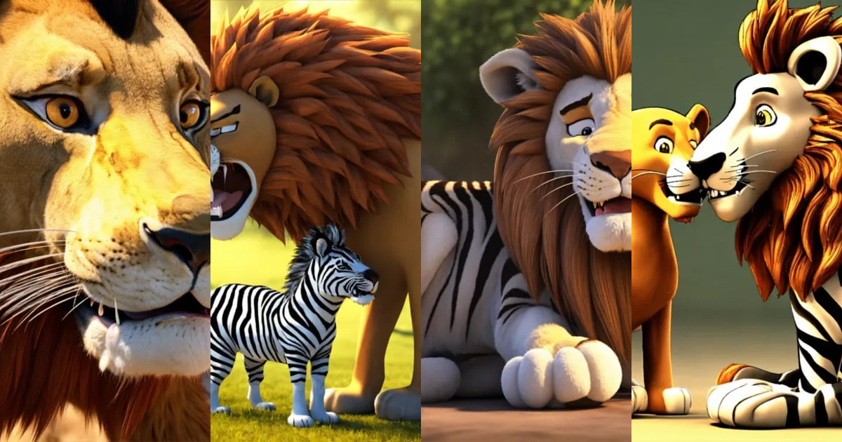Lexica - 3d animation style cartoon lion is biting zebra neck