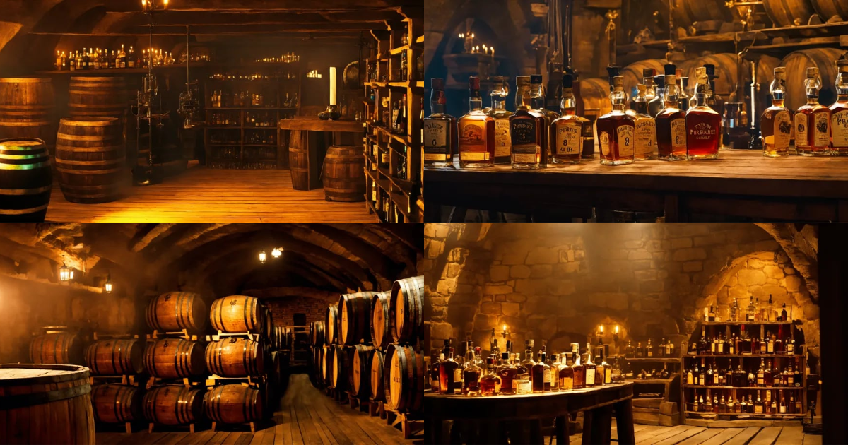 Lexica - Pirates in rum cellar, whiskey cellar, bottles, 8k