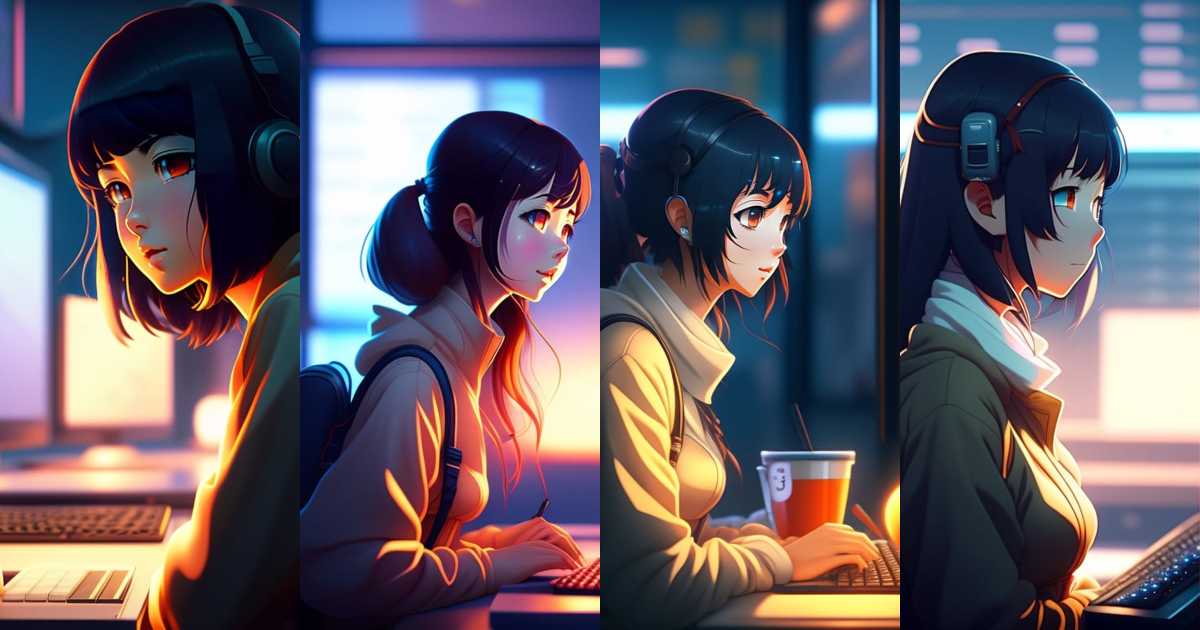 Lexica - Lofi Anime Girl is programming at a computer, cozy, by makoto ...