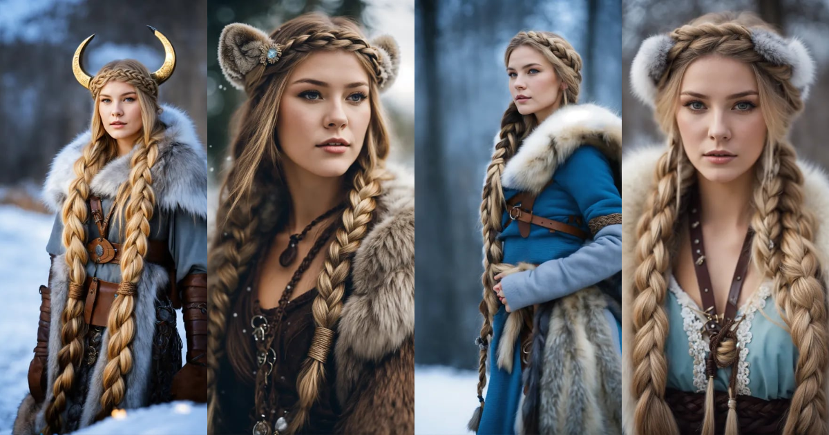 Lexica - "beautiful viking maiden", large braids, winter, furs,