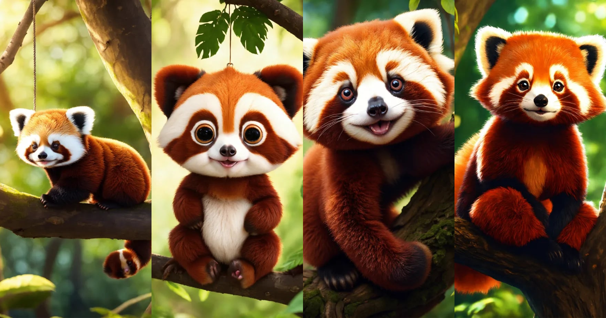Lexica - A cute baby red panda sloth with big eyes hanging from a tree ...