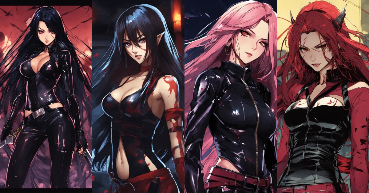 Lexica - Evil woman, with scars, many shinny knives, with long hair, spandex clothes, 2D manga ...