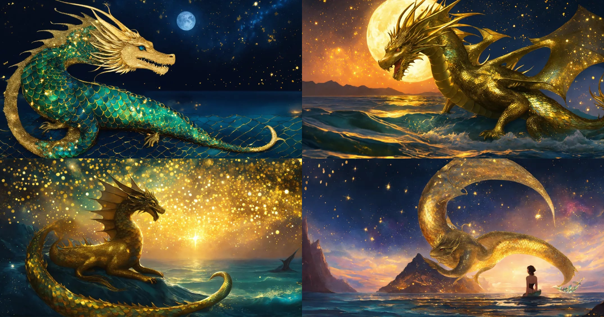 Lexica - Mythical creature, sea, dragon, mermaid, night grid, gold glitter, gustav klimpt ...