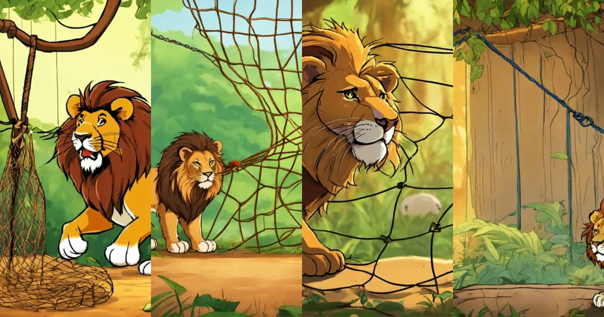 Lexica - Cartoon in a jungle mouse cut net in which big lion was ...
